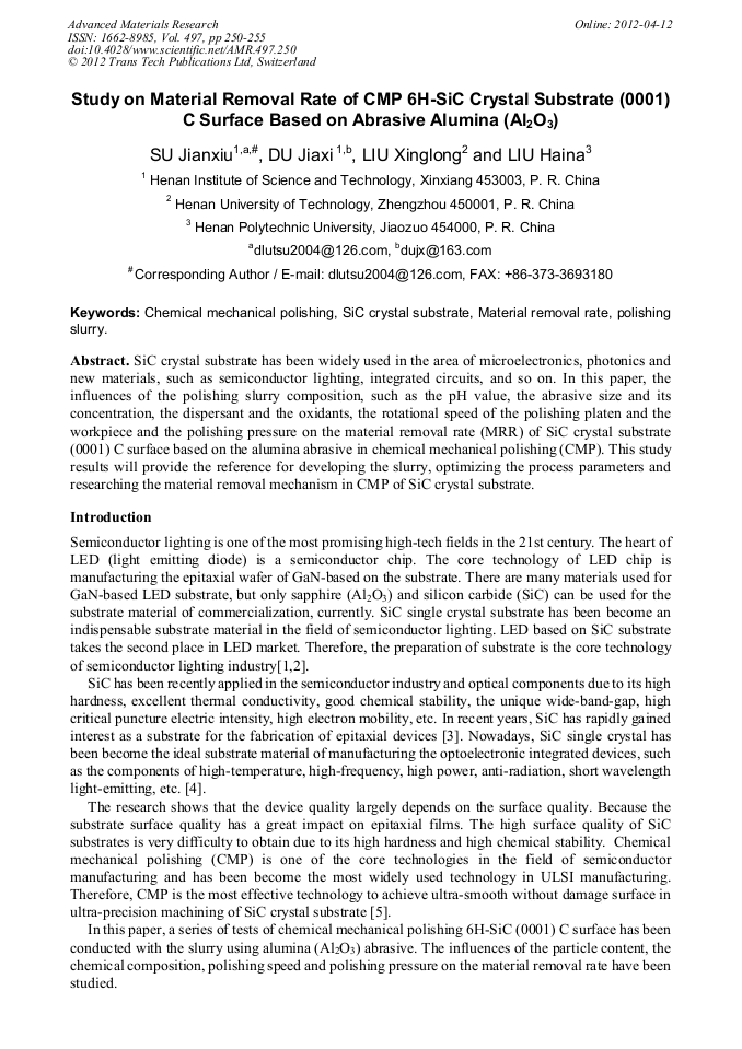 Study on Material Removal Rate of CMP 6H-SiC Crystal Substrate (0001) C ...