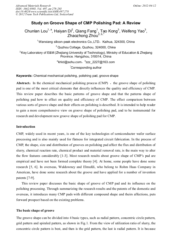 Study on Groove Shape of CMP Polishing Pad: A Review | Scientific.Net