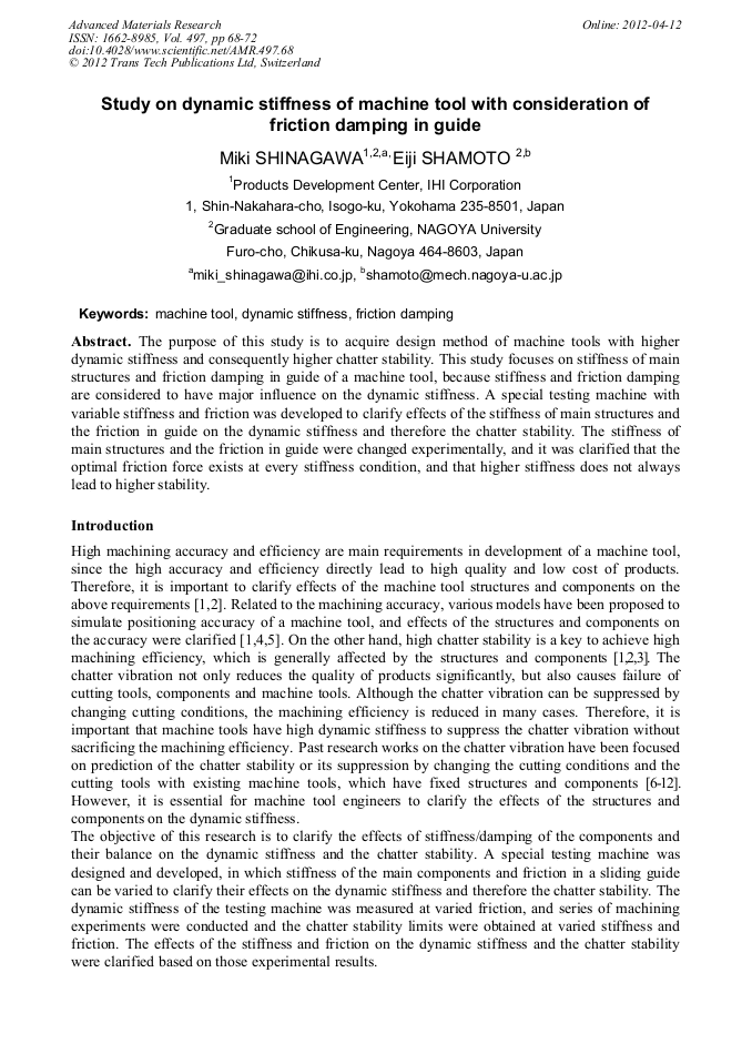 Study on Dynamic Stiffness of Machine Tool with Consideration of ...
