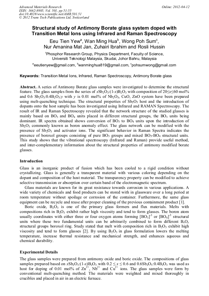Structural Study of Antimony Borate Glass System Doped with Transition ...