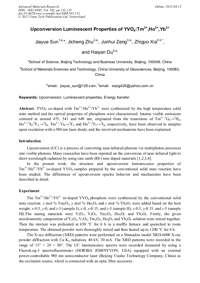 Upconversion Luminescent Properties of YVO4:Tm3+, Ho3+, Yb3 ...