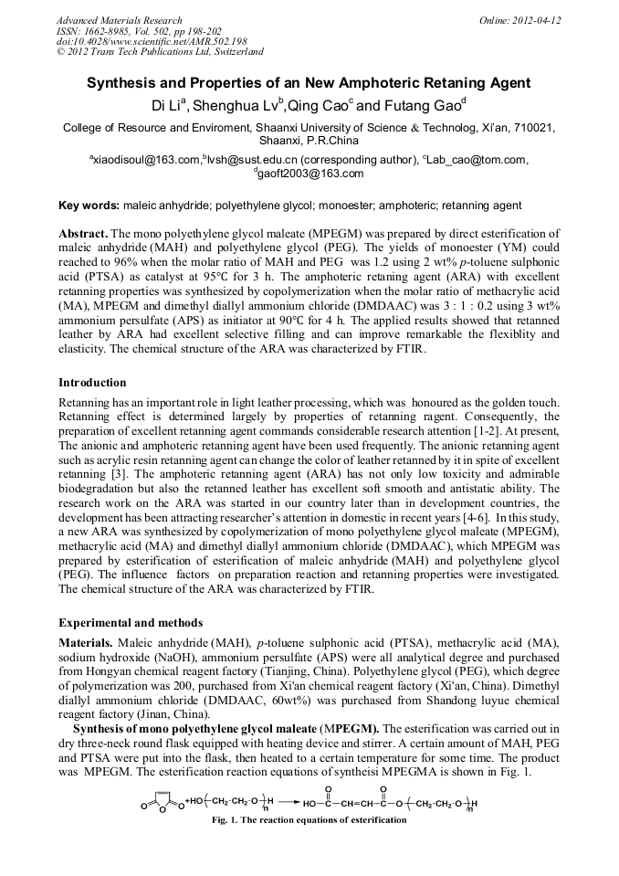 Synthesis and Properties of an New Amphoteric Retaning Agent ...