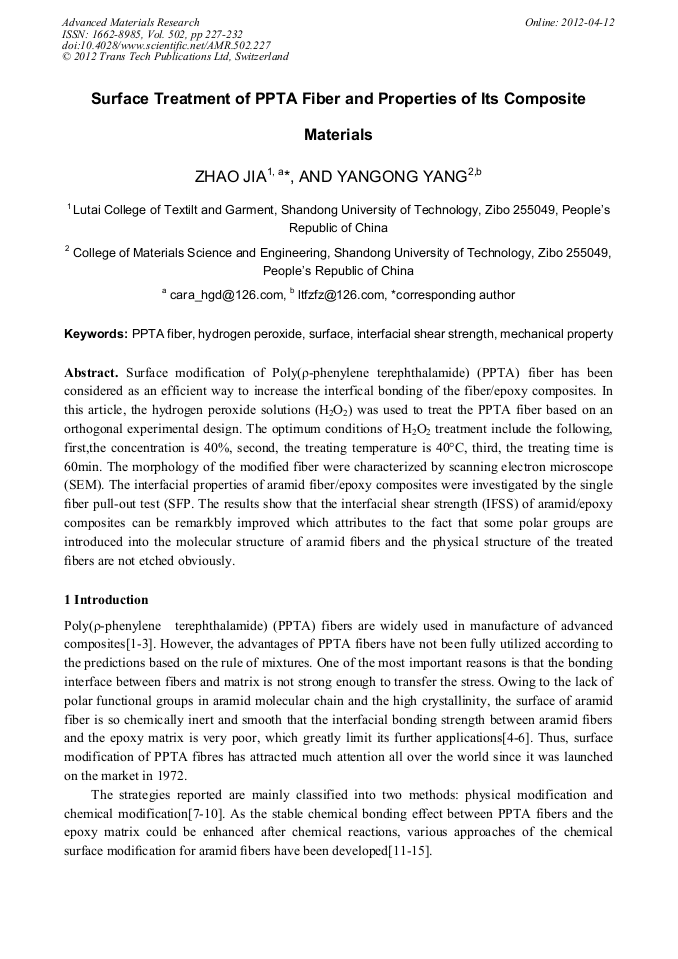 Surface Treatment of PPTA Fiber and Properties of its Composite ...