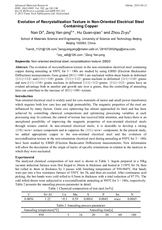 Evolution of Recrystallization Texture in Non-Oriented Electrical Steel ...