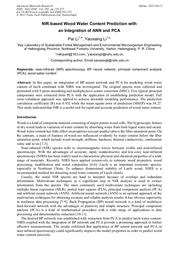 NIR-Based Wood Water Content Prediction with an Integration of ANN and ...