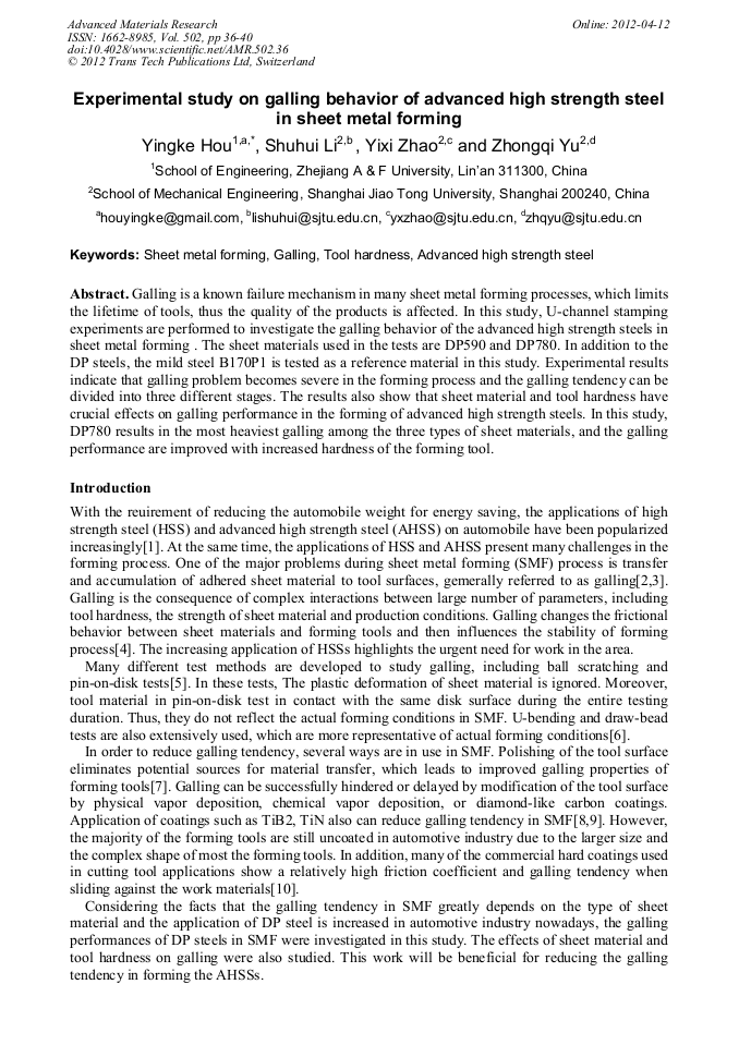 Experimental Study on Galling Behavior of Advanced High Strength Steel ...