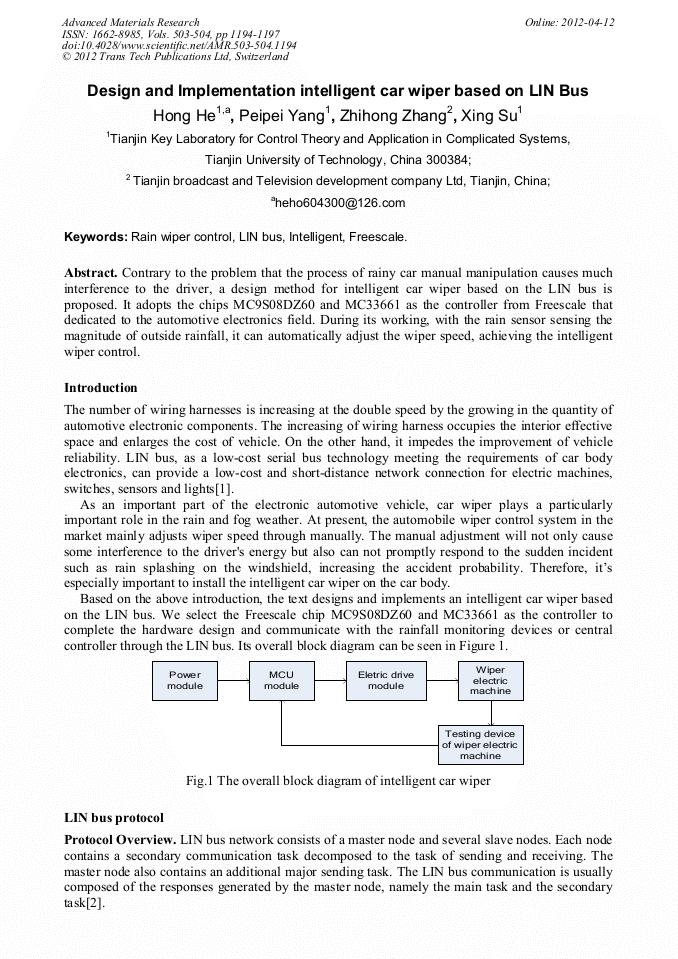 Design and Implementation Intelligent Car Wiper Based on LIN Bus ...