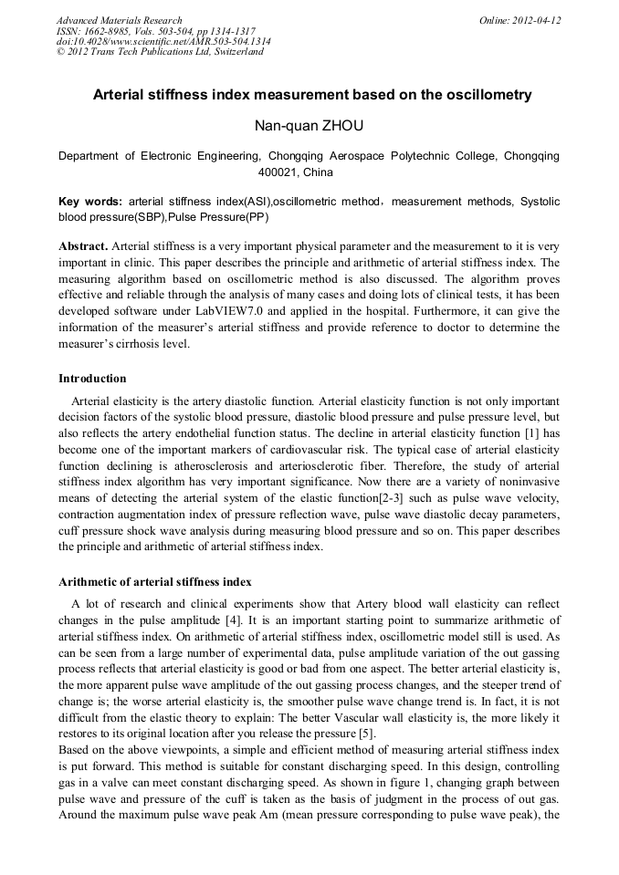 Arterial Stiffness Index Measurement Based on the Oscillometry ...