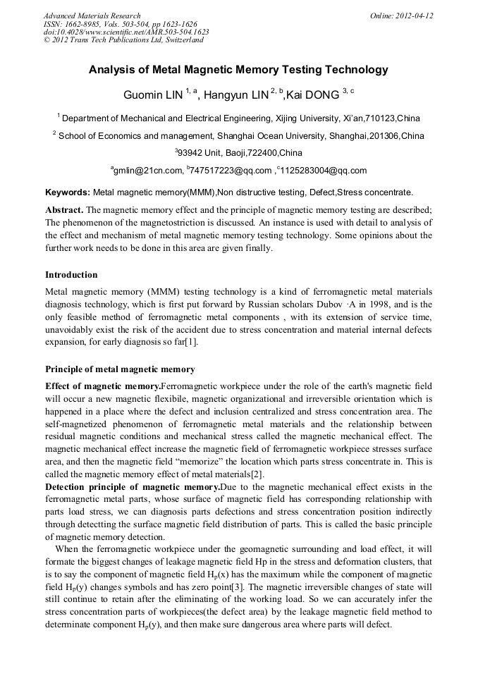 Analysis of Metal Magnetic Memory Testing Technology | Scientific.Net