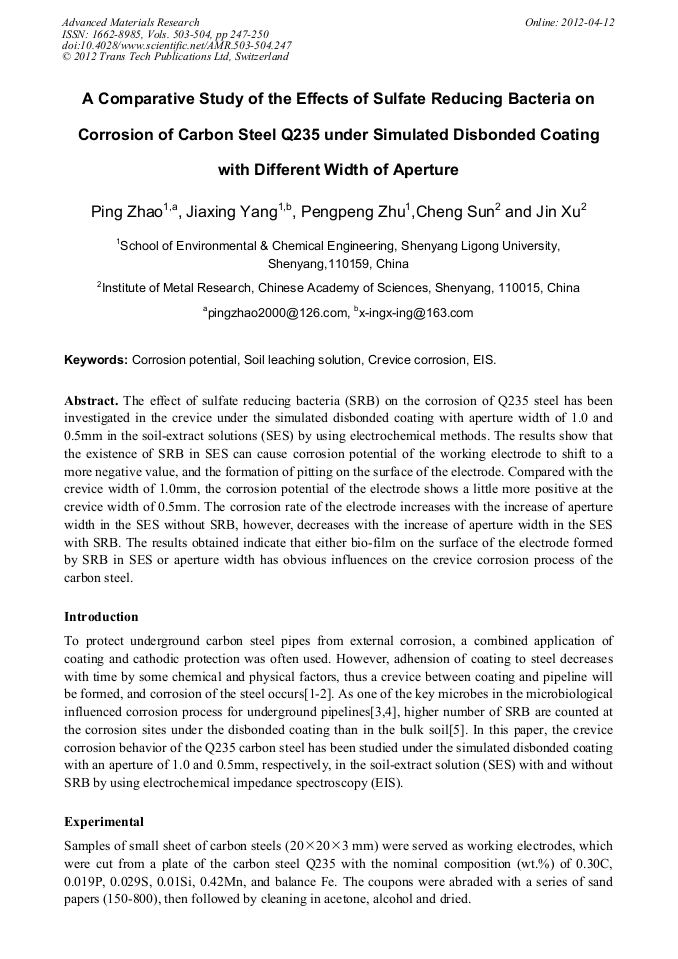 A Comparative Study of the Effects of Sulfate Reducing Bacteria on ...