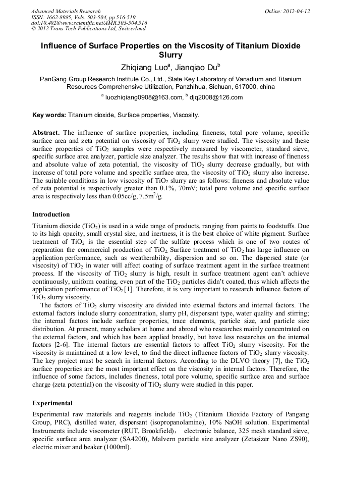 Influence of Surface Properties on the Viscosity of Titanium Dioxide ...
