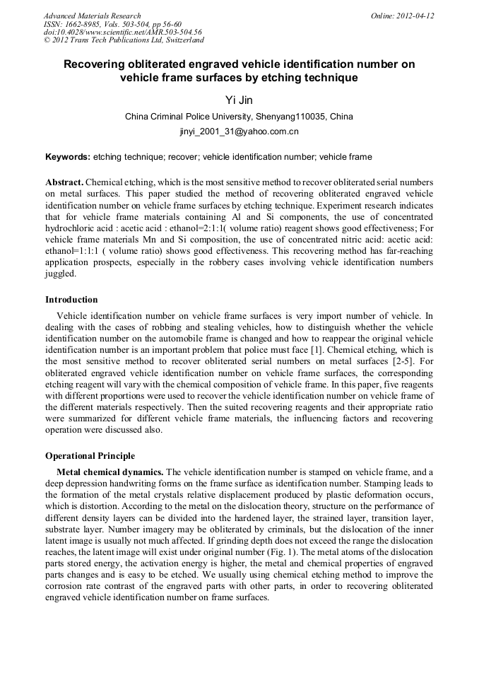 Recovering Obliterated Engraved Vehicle Identification Number on ...