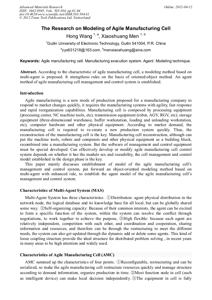 The Research on Modeling of Agile Manufacturing Cell | Scientific.Net