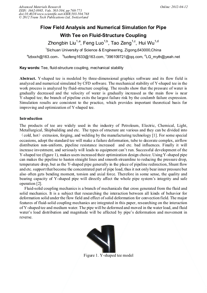 Flow Field Analysis and Numerical Simulation for Pipe with Tee on Fluid ...