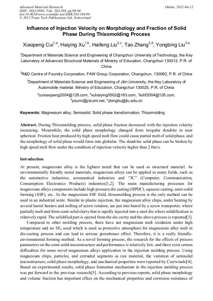 Influence of Injection Velocity on Morphology and Fraction of Solid ...