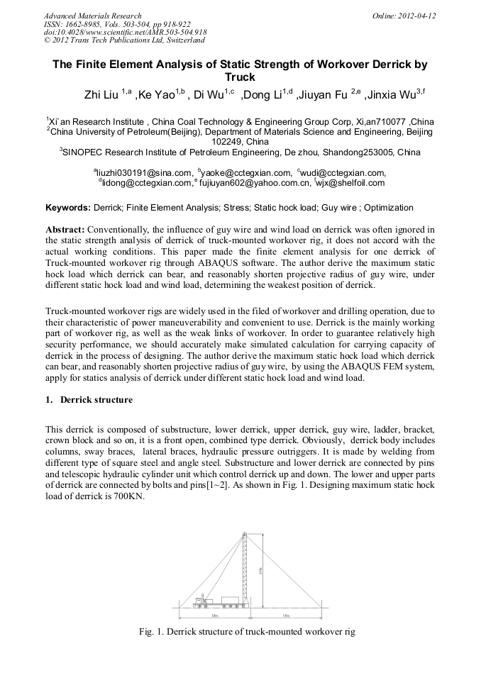 The Finite Element Analysis of Static Strength of Workover Derrick by ...