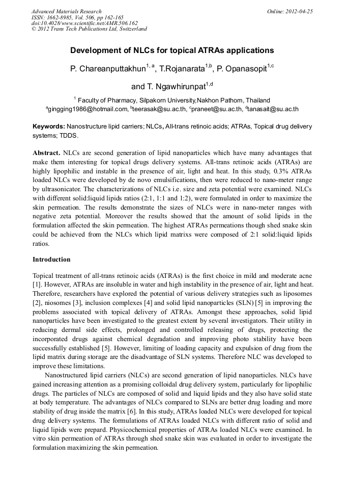 Development of NLCs for Topical ATRAs Applications | Scientific.Net