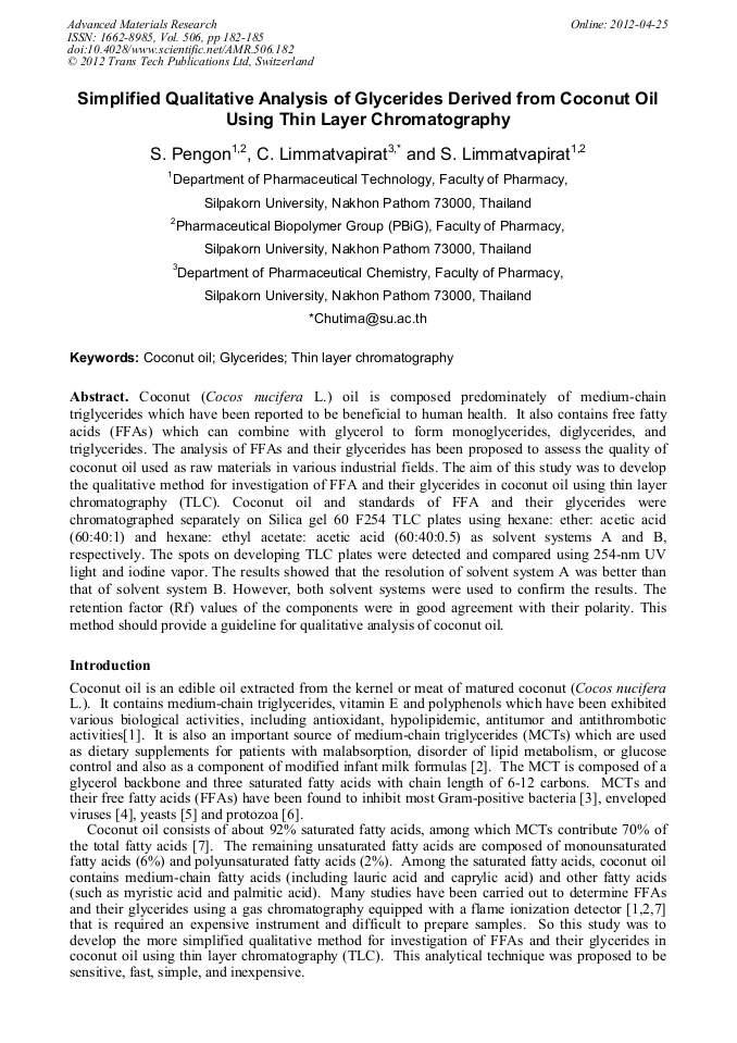 Simplified Qualitative Analysis of Glycerides Derived from Coconut Oil ...