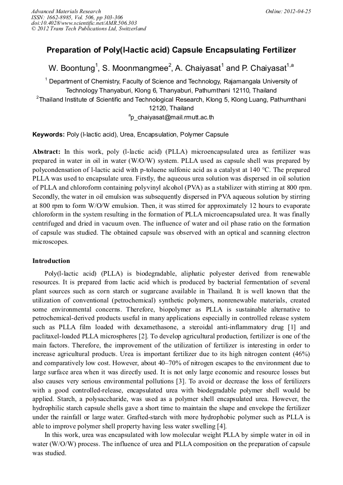 Preparation of Poly(l-lactic acid) Capsule Encapsulating Fertilizer ...