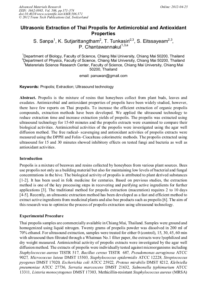 Ultrasonic Extraction of Thai Propolis for Antimicrobial and ...