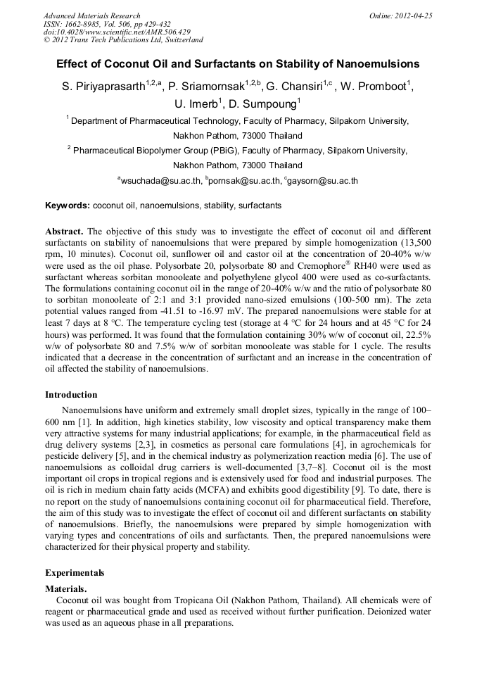 Effect of Coconut Oil and Surfactants on Stability of Nanoemulsions ...