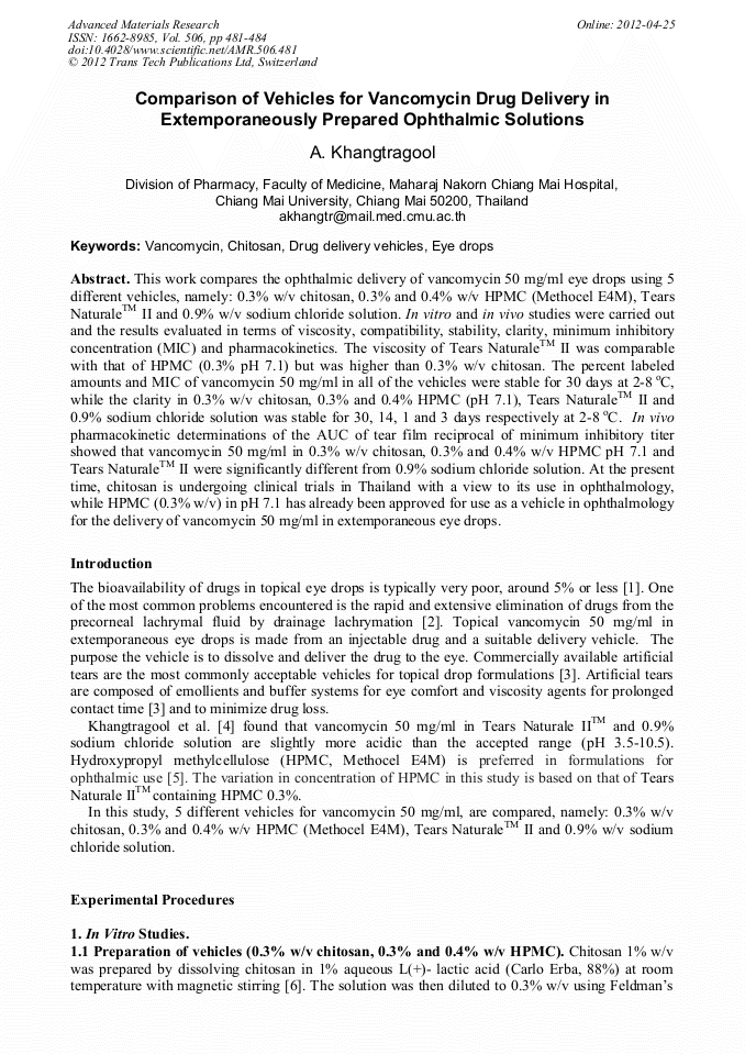 Comparison of Vehicles for Vancomycin Drug Delivery in Extemporaneously ...