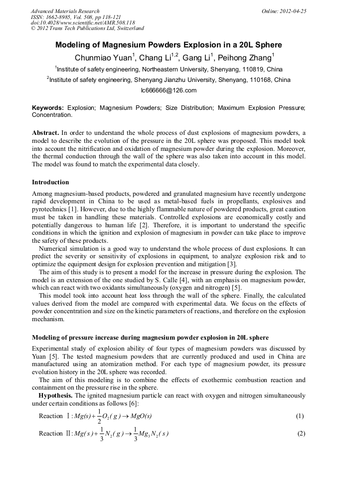 Modeling of Magnesium Powders Explosion in a 20L Sphere | Scientific.Net