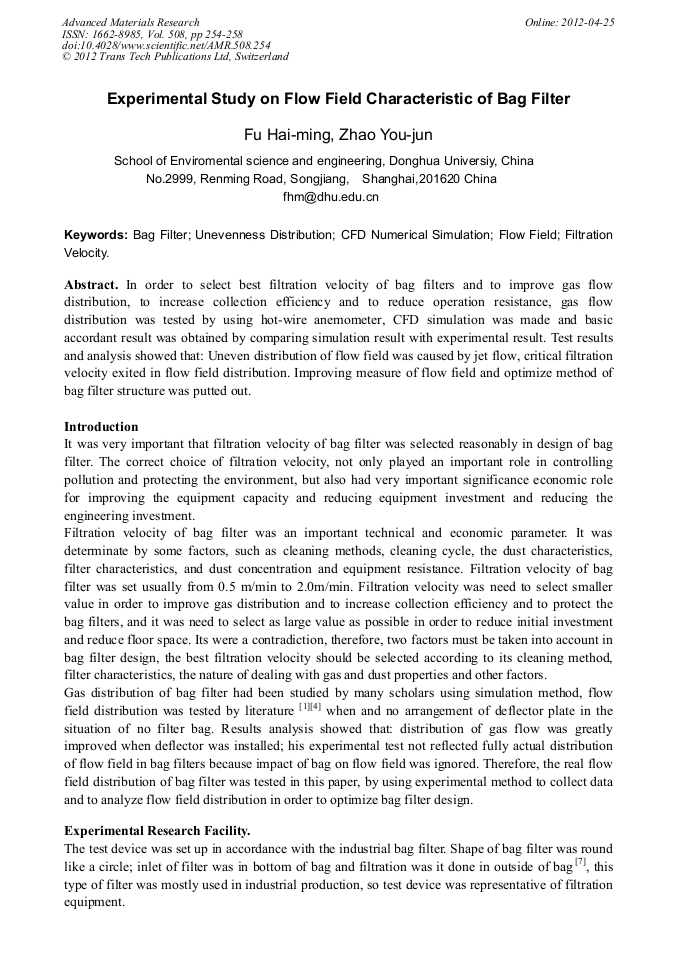 Experimental Study on Flow Field Characteristic of Bag Filter ...