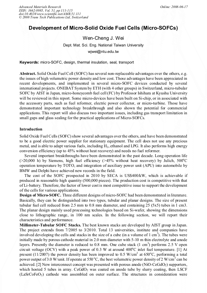 Development of Micro-Solid Oxide Fuel Cells (Micro-SOFCs) | Scientific.Net