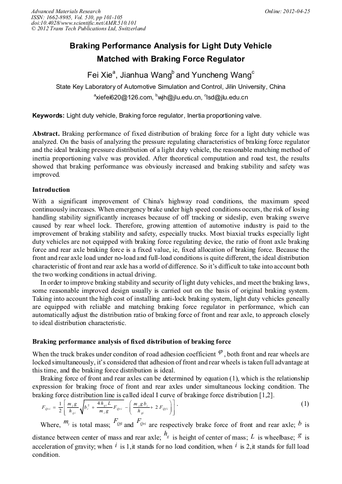 Braking Performance Analysis for Light Duty Vehicle Matched with ...