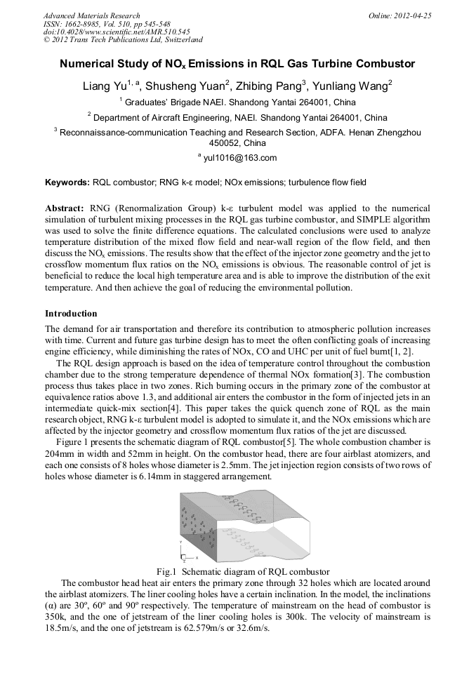 Numerical Study of NOx Emissions in RQL Gas Turbine Combustor ...