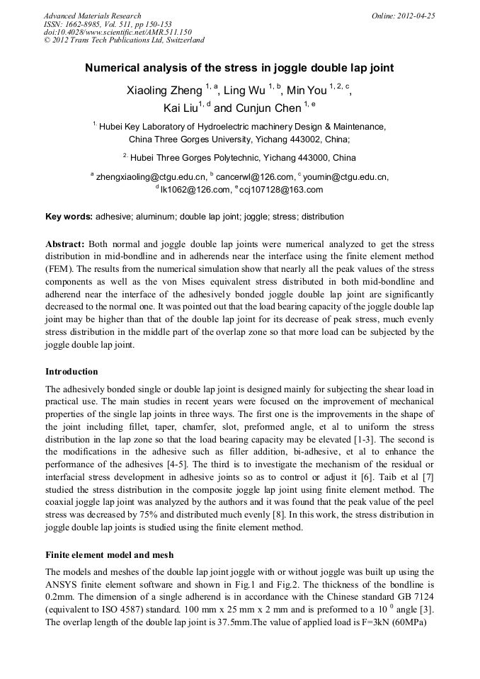 Numerical Analysis of the Stress in Joggle Double Lap Joint ...