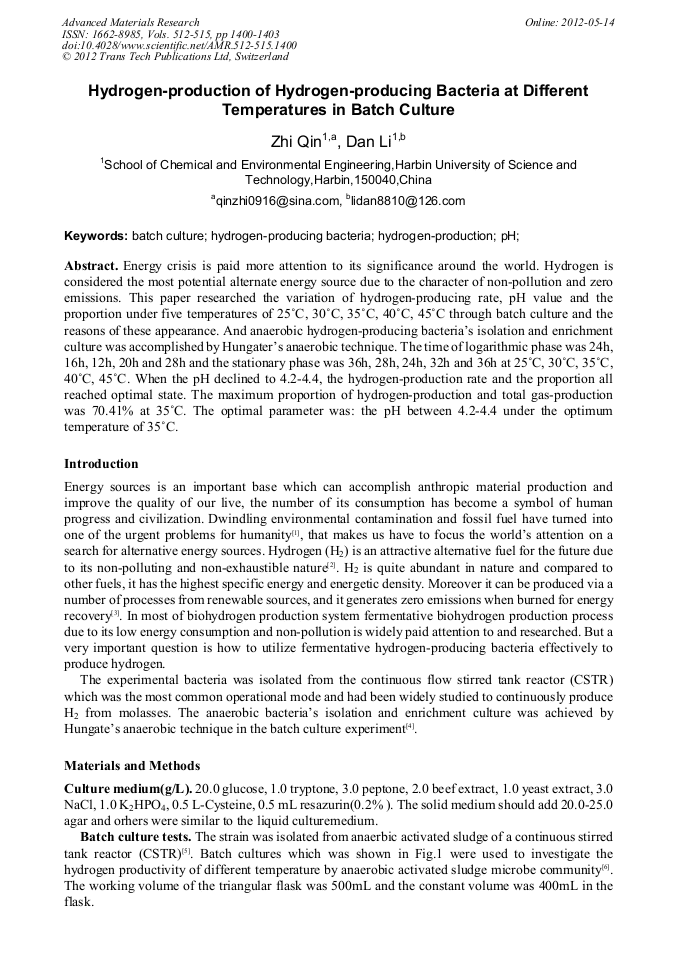 Hydrogen-Production of Hydrogen-Producing Bacteria at Different ...