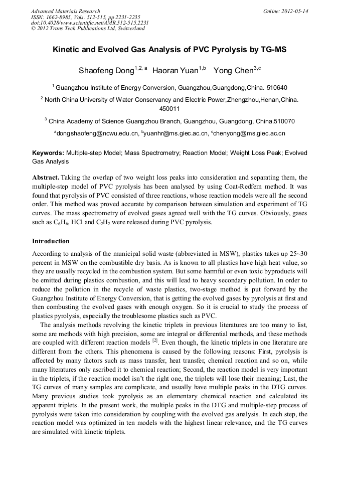 Kinetic and Evolved Gas Analysis of PVC Pyrolysis by TG-MS | Scientific.Net