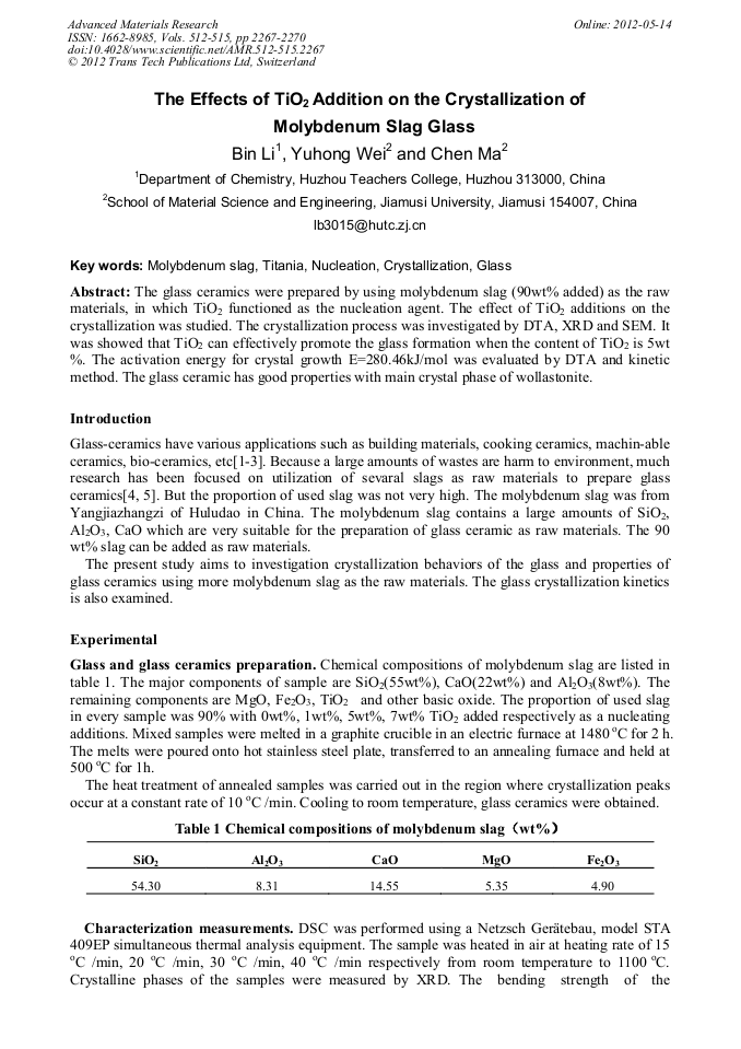 The Effects of TiO2 Addition on the Crystallization of Molybdenum Slag ...