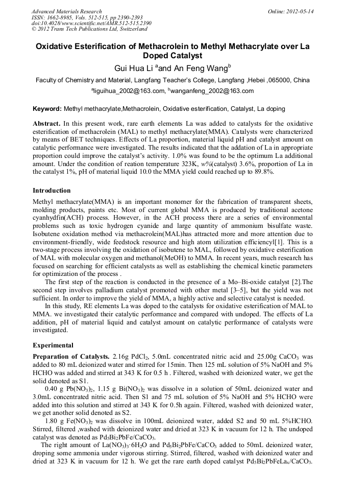 Oxidative Esterification of Methacrolein to Methyl Methacrylate over La ...