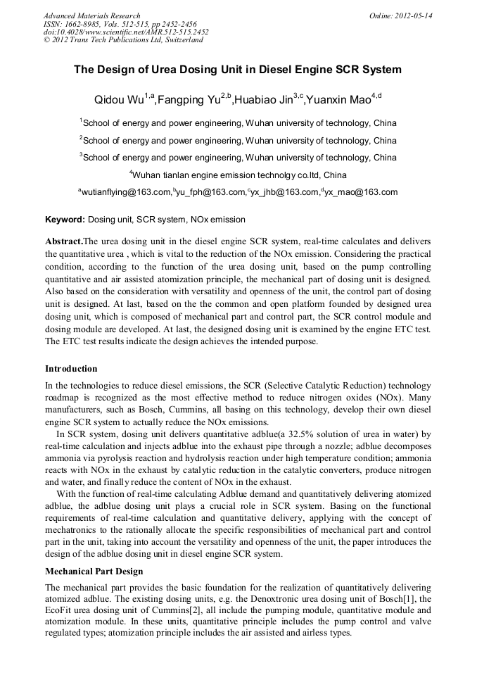 The Design of Urea Dosing Unit in Diesel Engine SCR System | Scientific.Net