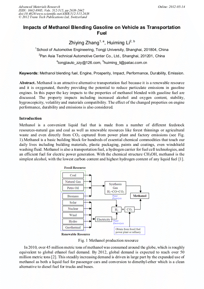 Impacts of Methanol Blending Gasoline on Vehicle as Transportation Fuel ...