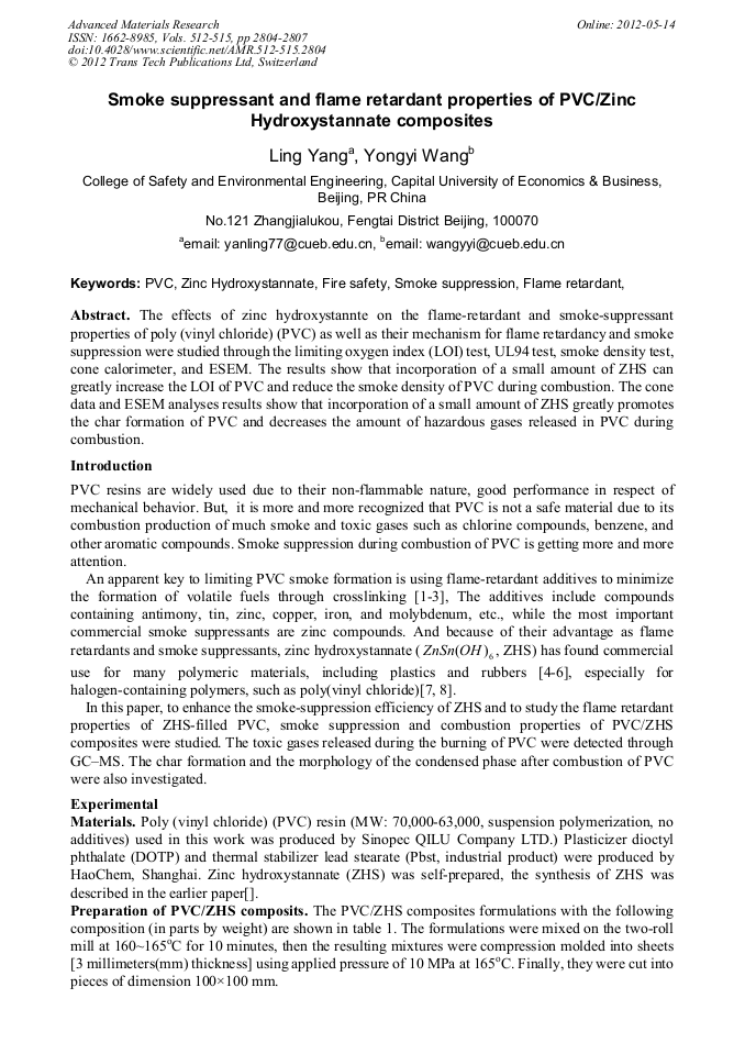 Smoke Suppressant and Flame Retardant Properties of PVC/Zinc ...