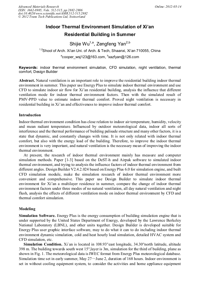 Indoor Thermal Environment Simulation of Xi'an Residential Building in ...