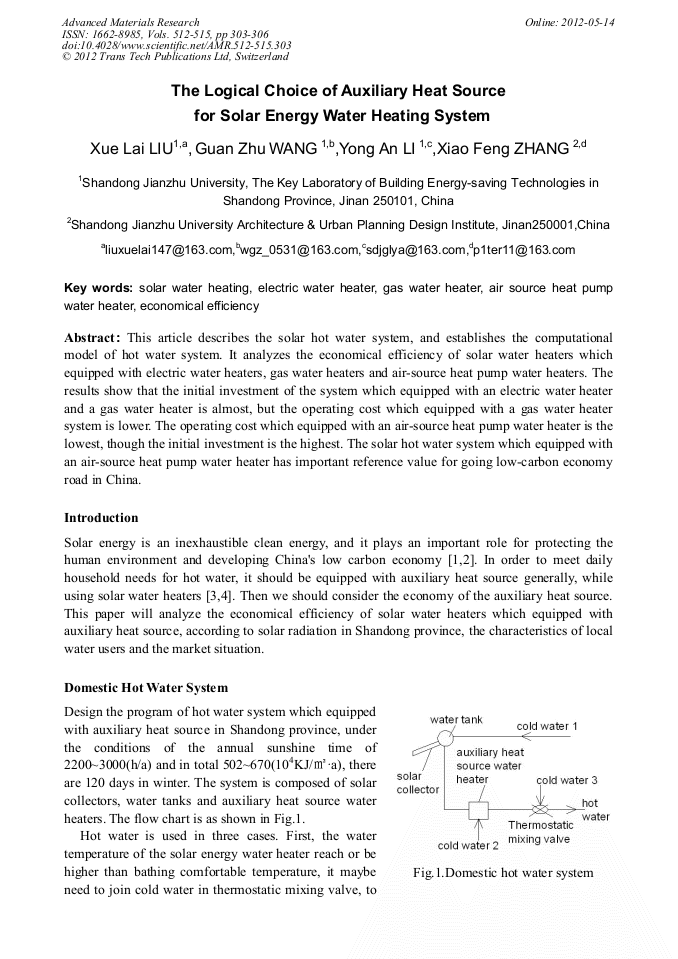 The Logical Choice of Auxiliary Heat Source for Solar Energy Water ...