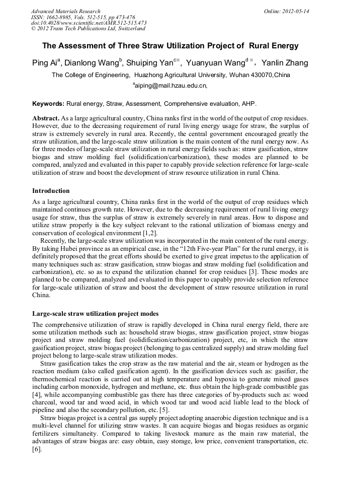 The Assessment of Three Straw Utilization Project of Rural Energy ...