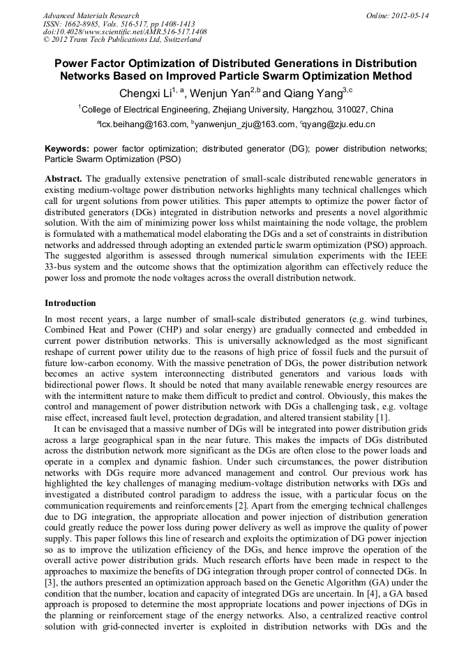 Power Factor Optimization of Distributed Generations in Distribution ...