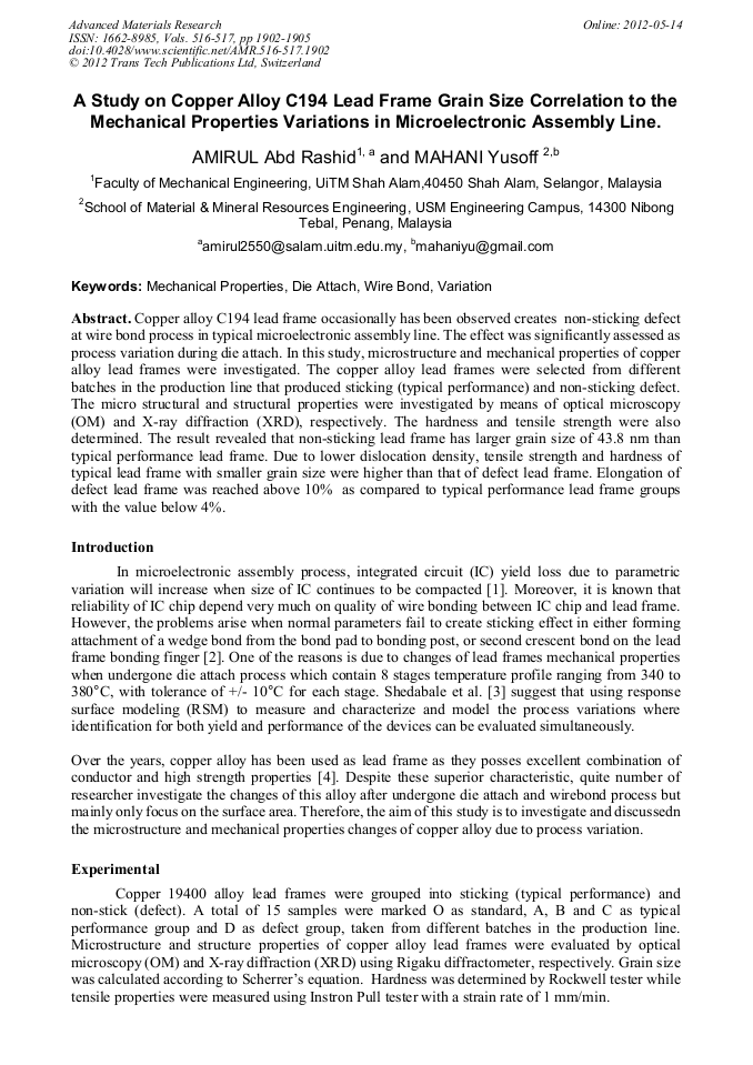 A Study on Copper Alloy C194 Lead Frame Grain Size Correlation to the ...