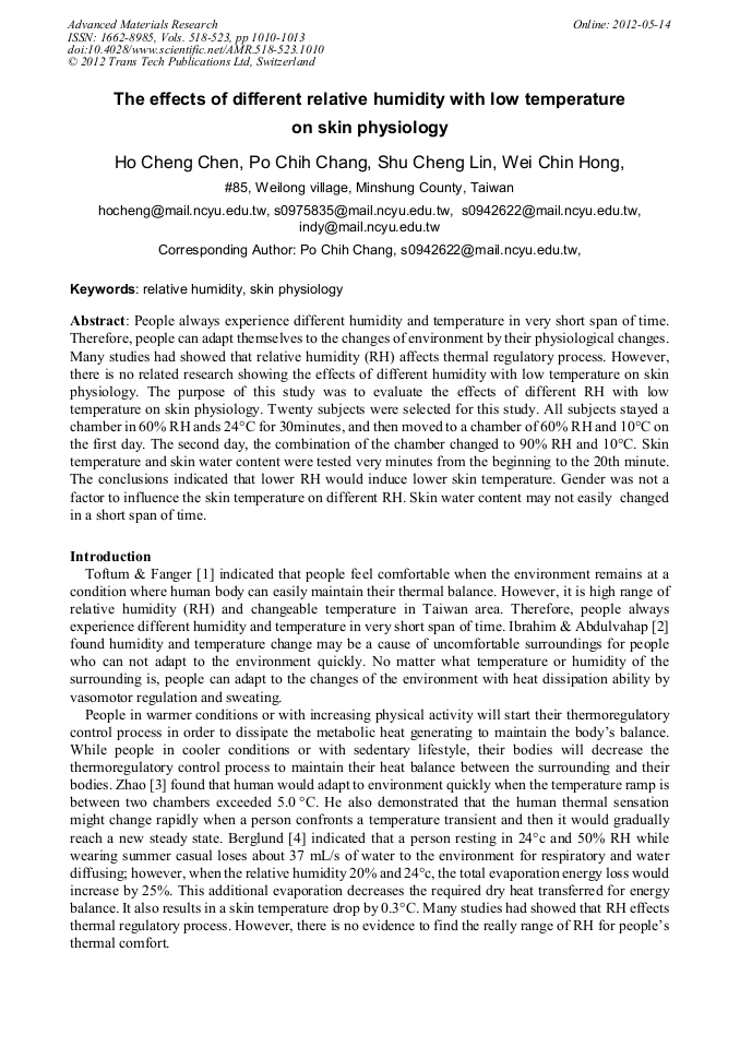 The Effects of Different Relative Humidity with Low Temperature on Skin ...