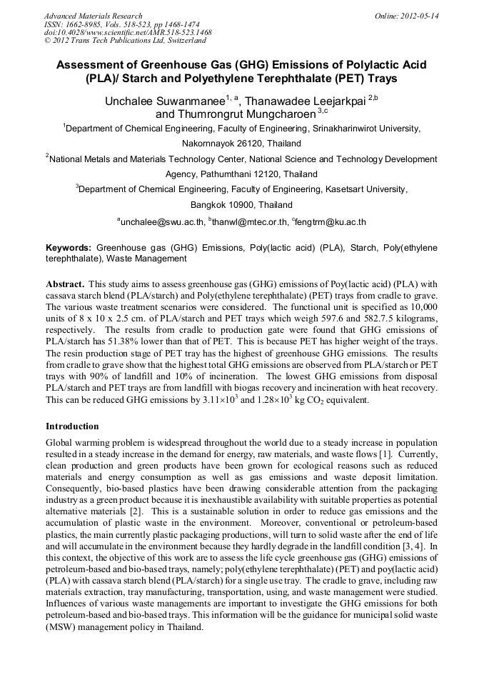 Assessment of Greenhouse Gas (GHG) Emissions of Polylactic Acid (PLA ...