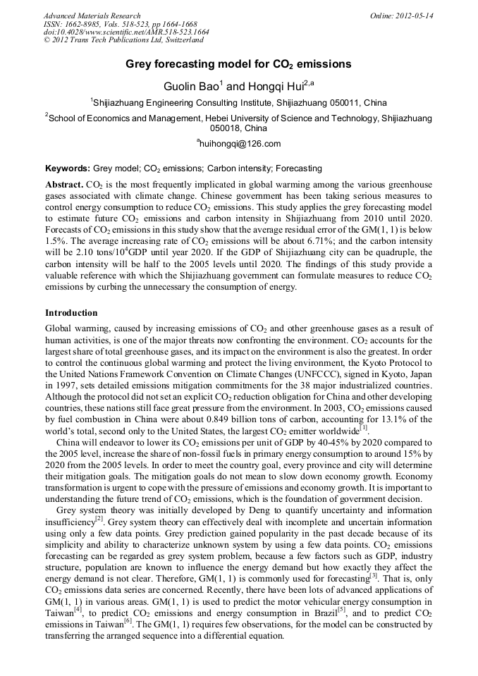 Grey Forecasting Model for CO2 Emissions | Scientific.Net