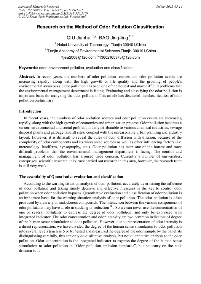 Research on the Method of Odor Pollution Classification | Scientific.Net