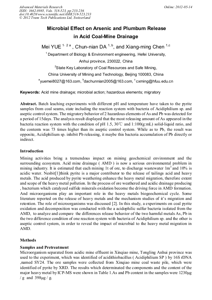 Microbial Effect on Arsenic and Plumbum Release in Acid Coal-Mine ...