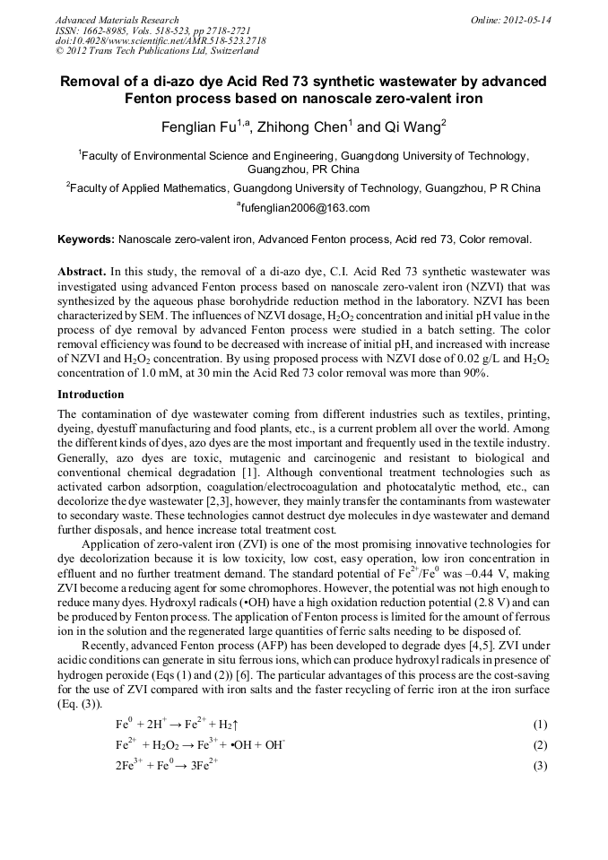 Removal of a Di-Azo Dye Acid Red 73 Synthetic Wastewater by Advanced ...